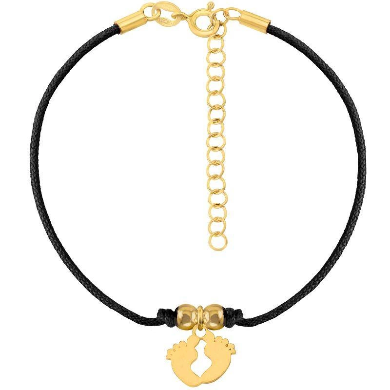 A rope bracelet with feet on a black string and a gold-plated clasp ...