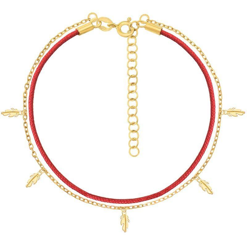 A rope bracelet with feathers on a chain on a red string with a clasp ...
